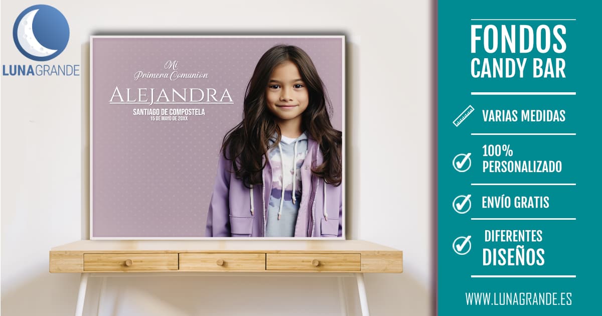 Fondo Mesa Dulce Primera Comunión Rosa con Foto - Luna Grande Photocall